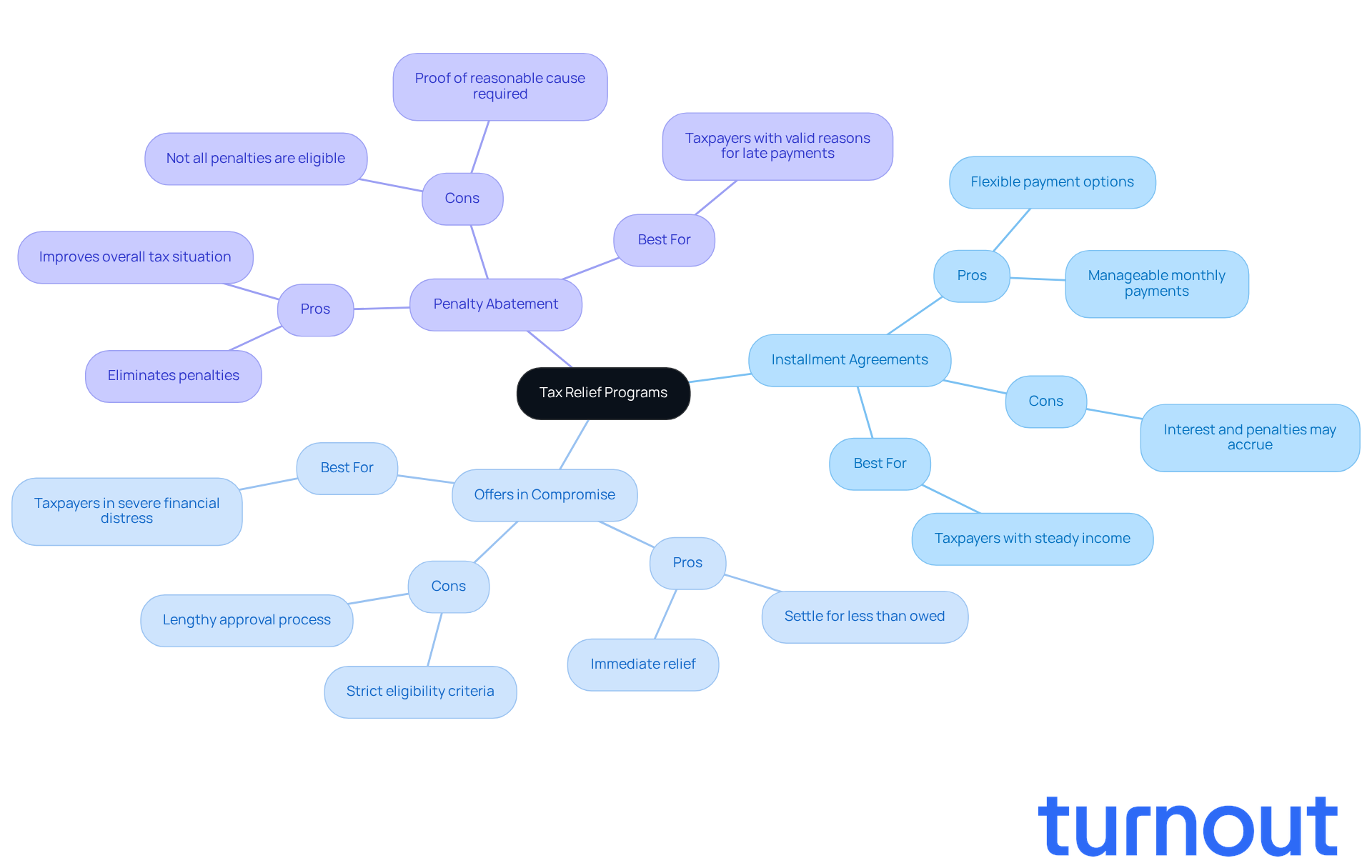 The central node represents the overall topic of tax relief programs. Each branch shows a specific program, with further details on its advantages, disadvantages, and ideal candidates. This layout helps you quickly compare your options.