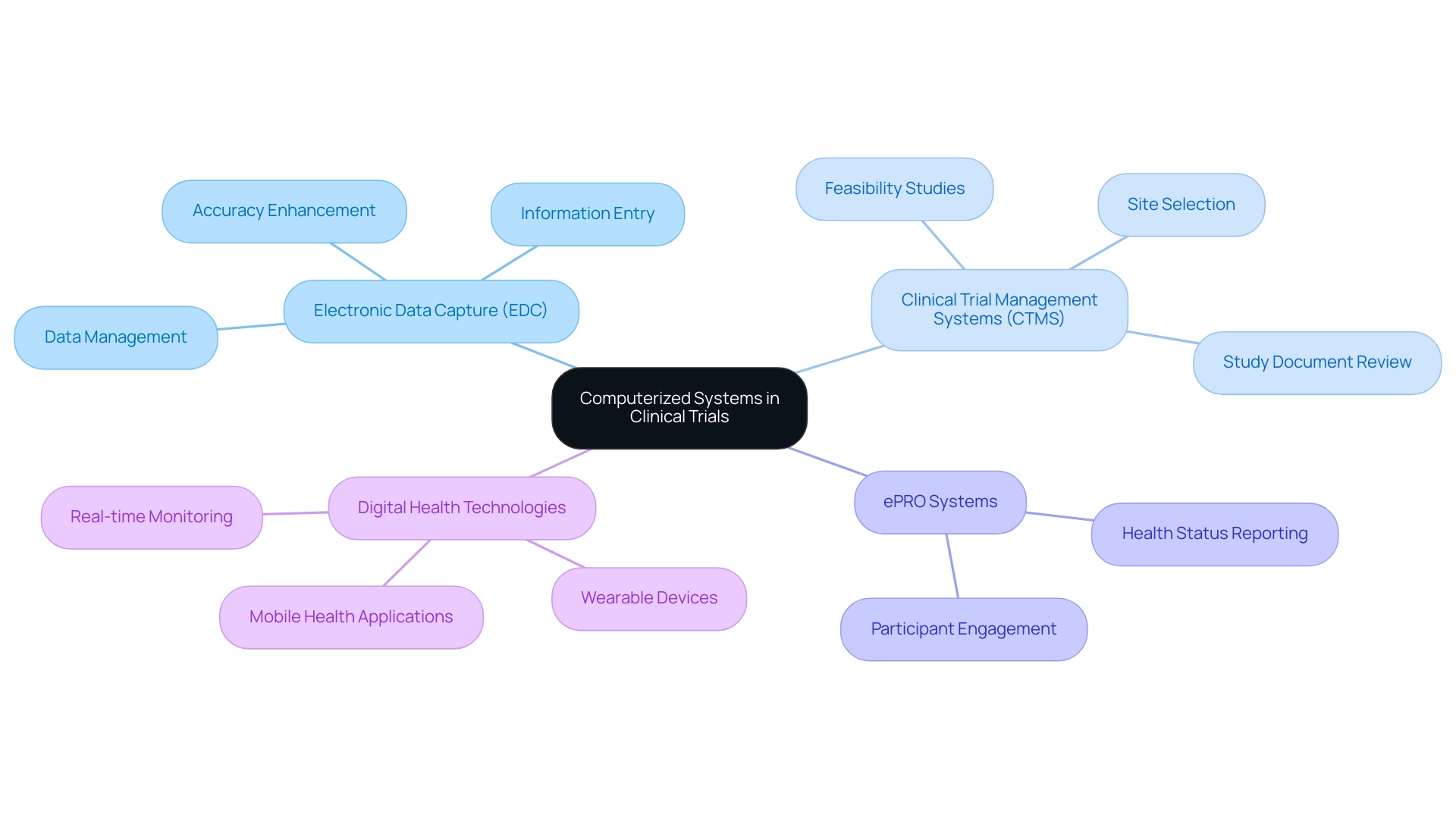 Main branches represent different types of computerized systems, while sub-branches detail their applications and functions.