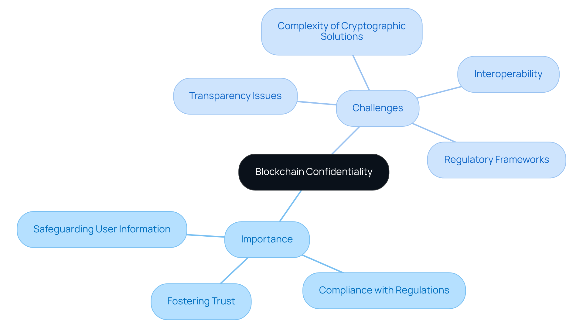 The central node represents the main topic of blockchain confidentiality. The branches show its importance and the challenges faced, helping you understand the key aspects at a glance.