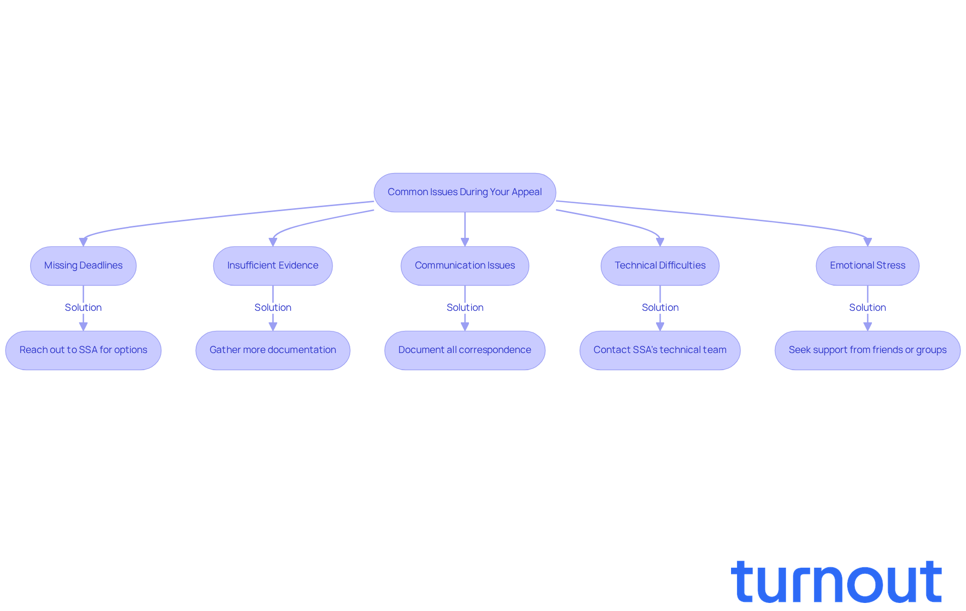 Each box represents a common challenge you might face during your appeal. Follow the arrows to see the suggested solutions for each issue. This chart is designed to help you navigate the process step-by-step.