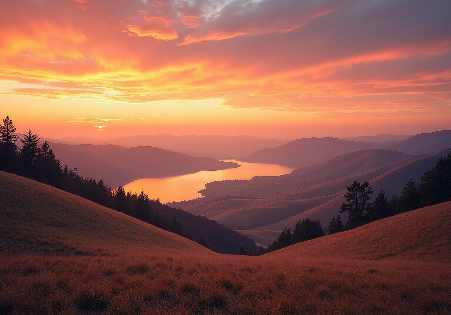 Peaceful Watercolor Landscape at Sunset