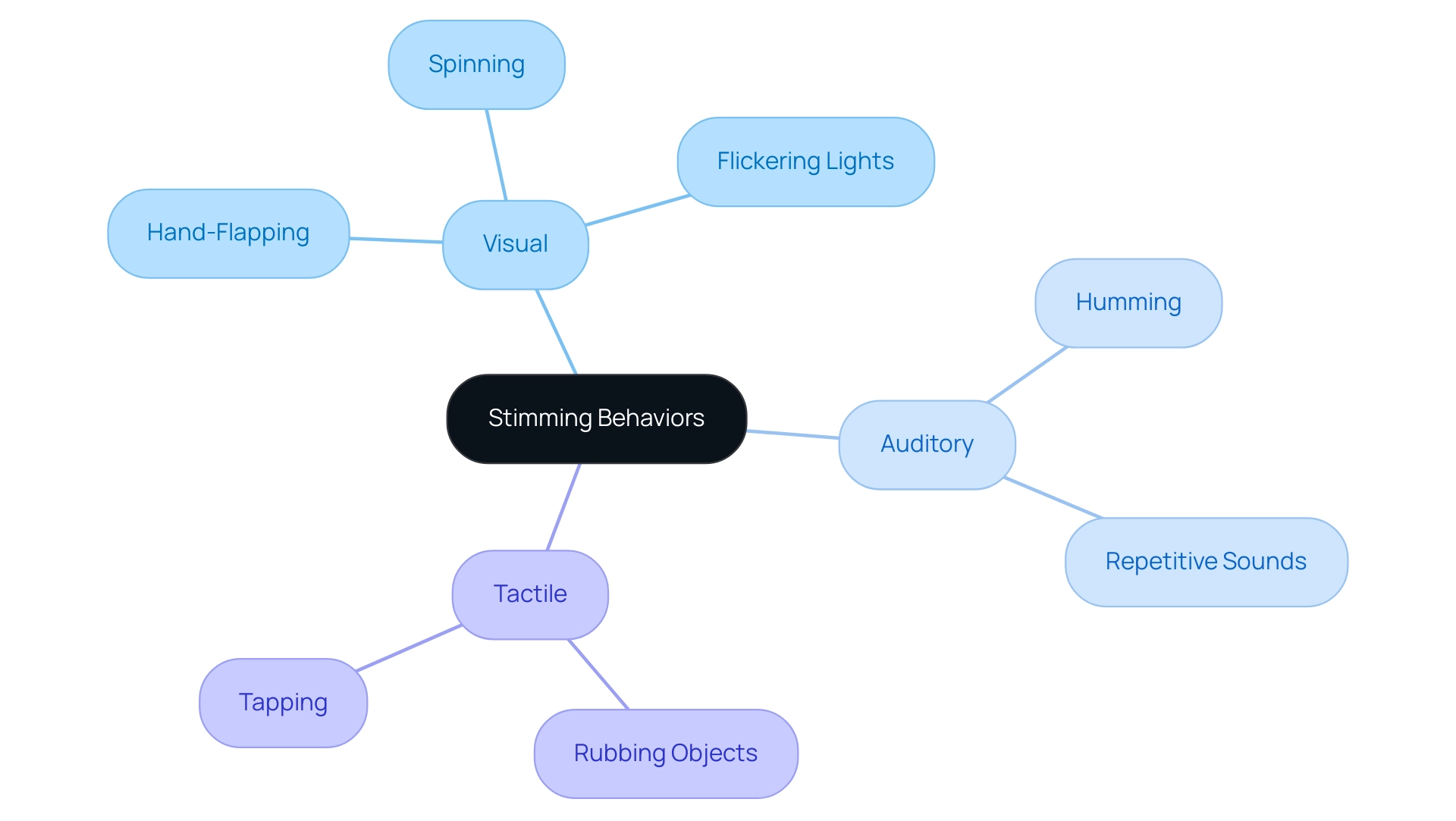 The central node represents stimming behaviors, with branches showing the three main categories (Visual, Auditory, Tactile) and their respective examples.