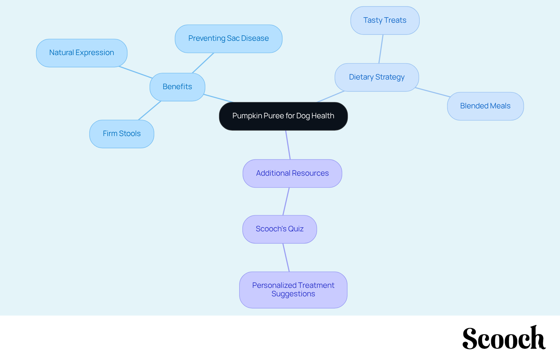 The central idea is pumpkin puree as a health solution for dogs. Each branch shows different benefits and strategies, helping you see how they connect to improve your dog's well-being.