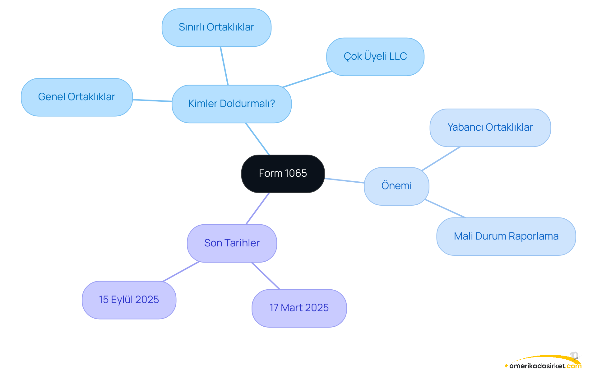 Merkezde Form 1065 ile ilgili ana başlıklar var. Her dal, formun kimler tarafından doldurulması gerektiğini, önemini ve son tarihleri gösteriyor. Dalları takip ederek form hakkında detaylı bilgiye ulaşabilirsiniz.