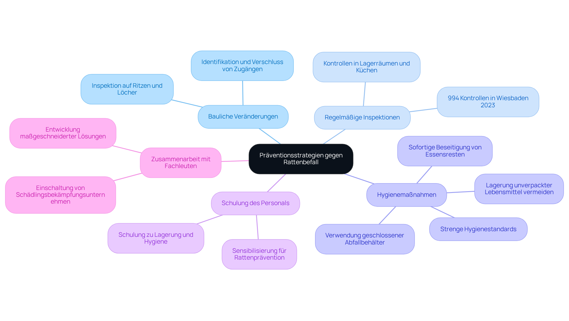 Im Zentrum steht die Hauptstrategie, und von dort aus verzweigen sich die verschiedenen Maßnahmen. Jede Farbe repräsentiert eine Kategorie, und die Unterpunkte zeigen spezifische Schritte oder Empfehlungen zur Prävention.