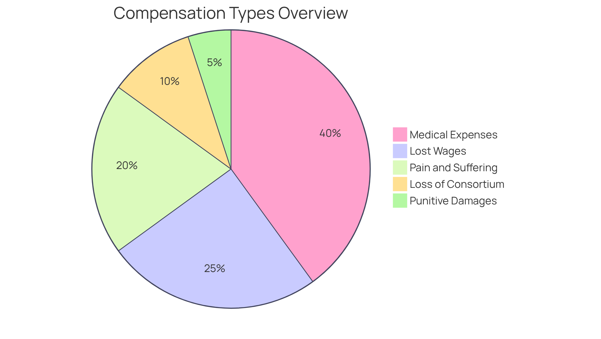 Each segment of the pie chart represents a type of compensation available to victims. The size of each segment indicates how common or significant that type of compensation is in cases of flight-related accidents.