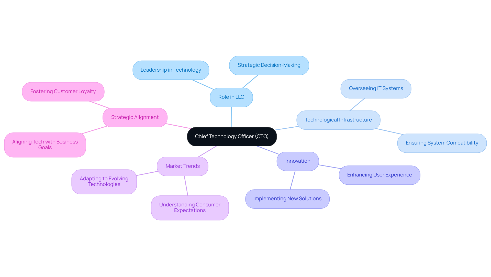 The central node represents the CTO, while the branches illustrate their key responsibilities and areas of influence. Each branch shows how the CTO contributes to the company's success in the online retail sector. The central node represents the CTO, while the branches illustrate their key responsibilities and areas of influence. Each branch shows how the CTO contributes to the company's success in the online retail sector.