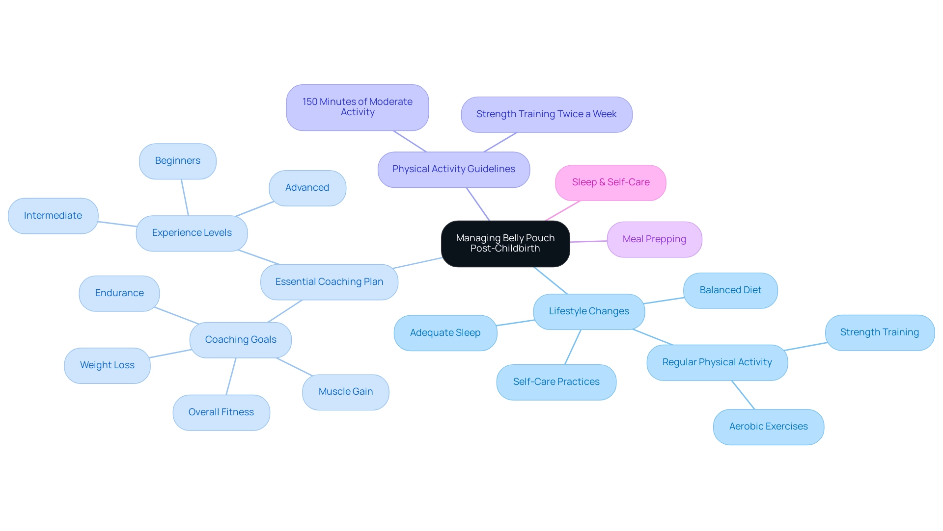 The central node represents the overall theme, with branches showing key lifestyle components and their subcategories.