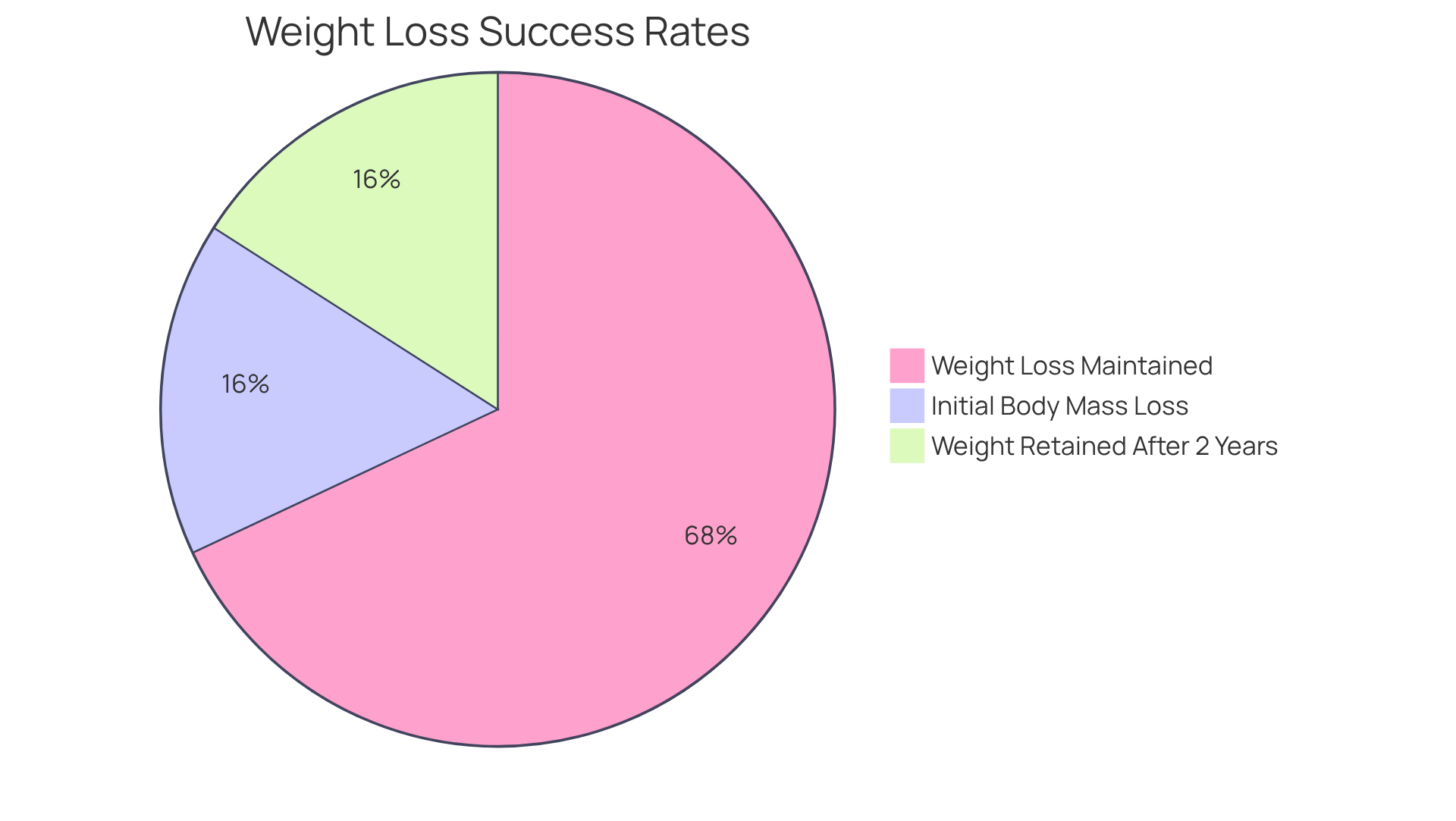 Each slice of the pie shows a different aspect of our weight loss success: the larger the slice, the more significant the achievement. The blue slice represents those who maintained their weight loss, the green slice shows the average percentage of body mass lost, and the orange slice indicates the weight retained after two years.