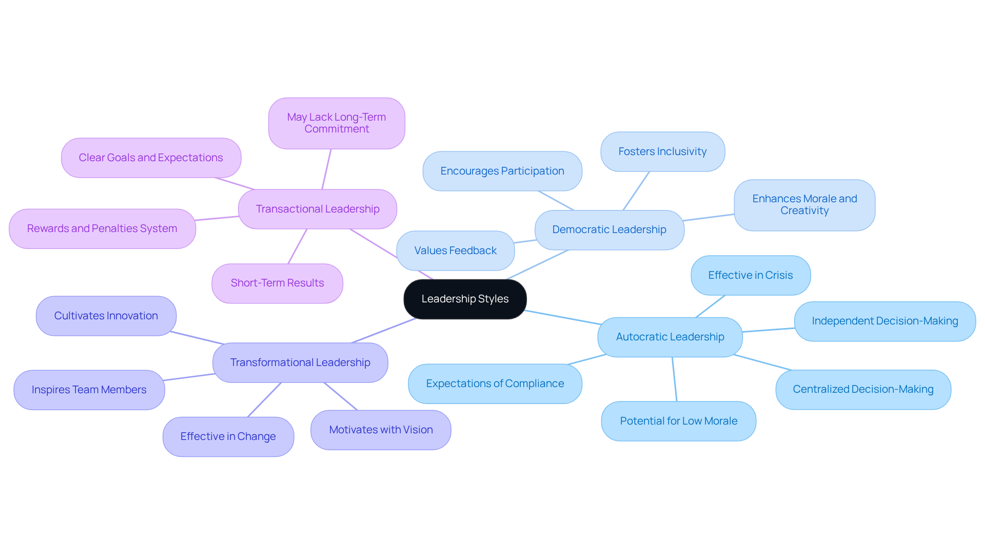 The central node represents the main topic of leadership styles, while each branch shows a different style. The sub-branches provide key details about what makes each style unique. The central node represents the main topic of leadership styles, while each branch shows a different style. The sub-branches provide key details about what makes each style unique.