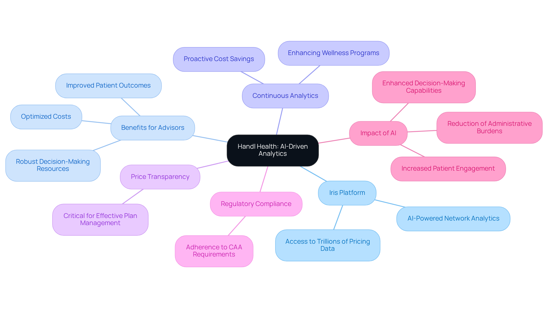 The central node represents Handl Health's analytics approach. Each branch highlights a key aspect of the platform, showing how they contribute to improved decision-making in healthcare.