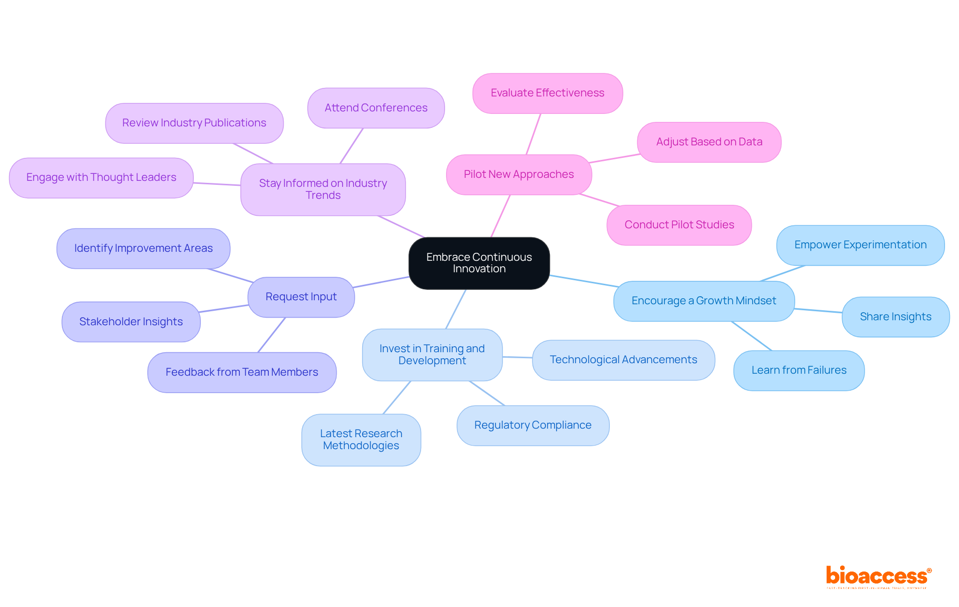 The central node represents the main theme of continuous innovation. Each branch shows a strategy to foster innovation, with further details branching out to explain each strategy's importance and actions.