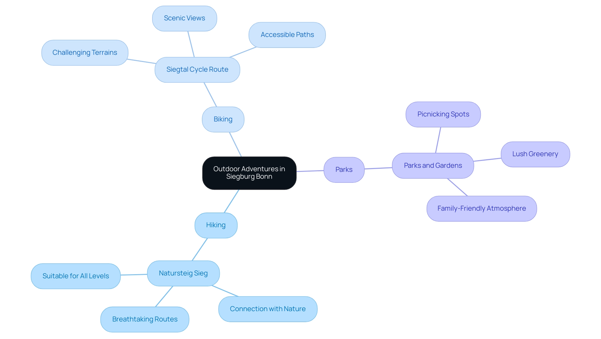 Each branch represents a type of outdoor activity (Hiking, Biking, Parks) with sub-branches detailing specific features and benefits. Each branch represents a type of outdoor activity (Hiking, Biking, Parks) with sub-branches detailing specific features and benefits.