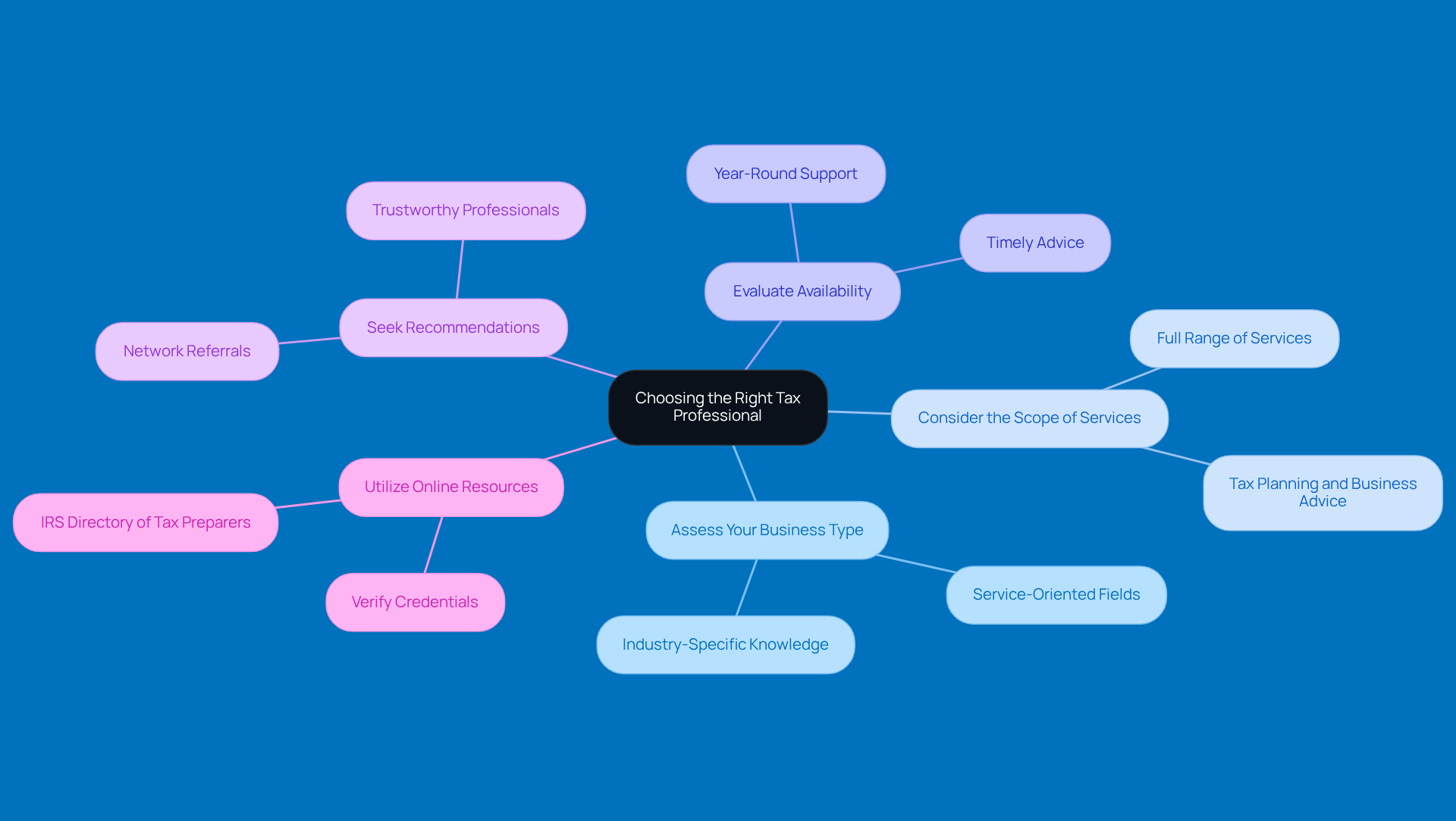 The center represents the main goal of finding the right tax expert, while each branch shows a different strategy to consider. Follow the branches to explore each strategy and its key points.