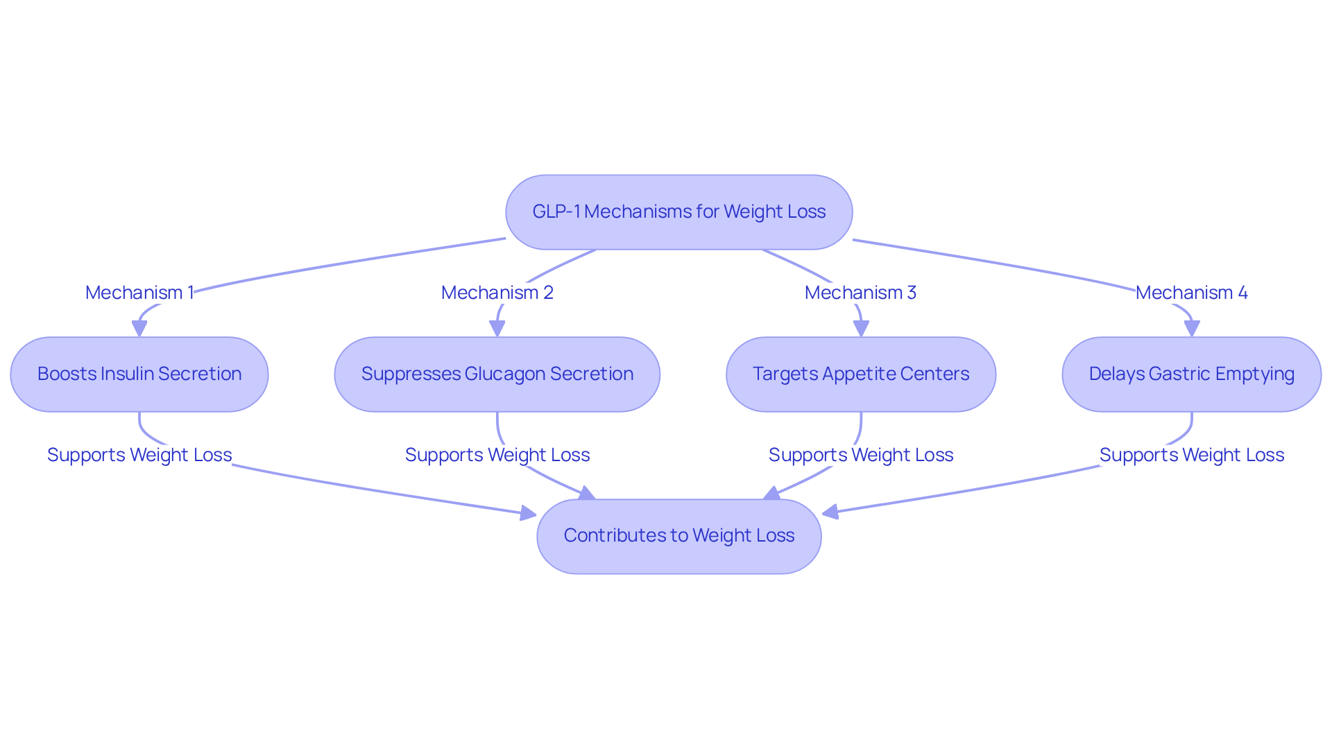 Follow the arrows to see how GLP-1 medications work. Each box represents a mechanism that helps reduce weight and improve metabolic health - the flow shows how they connect and support each other. Follow the arrows to see how GLP-1 medications work. Each box represents a mechanism that helps reduce weight and improve metabolic health - the flow shows how they connect and support each other.