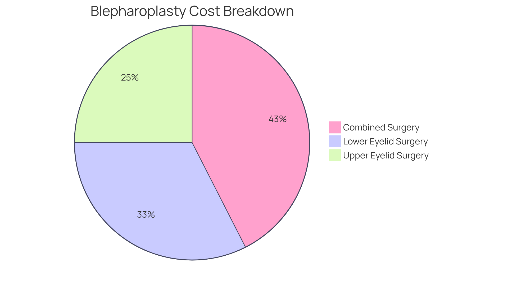 This pie chart shows the average costs associated with different types of eyelid surgery. Each slice represents a type of surgery: the upper eyelid surgery slice shows the average cost of $4,000, the lower eyelid surgery slice shows $5,750, and the combined surgery slice shows $9,000. The size of each slice helps you see how much each procedure contributes to the overall cost. This pie chart shows the average costs associated with different types of eyelid surgery. Each slice represents a type of surgery: the upper eyelid surgery slice shows the average cost of $4,000, the lower eyelid surgery slice shows $5,750, and the combined surgery slice shows $9,000. The size of each slice helps you see how much each procedure contributes to the overall cost.