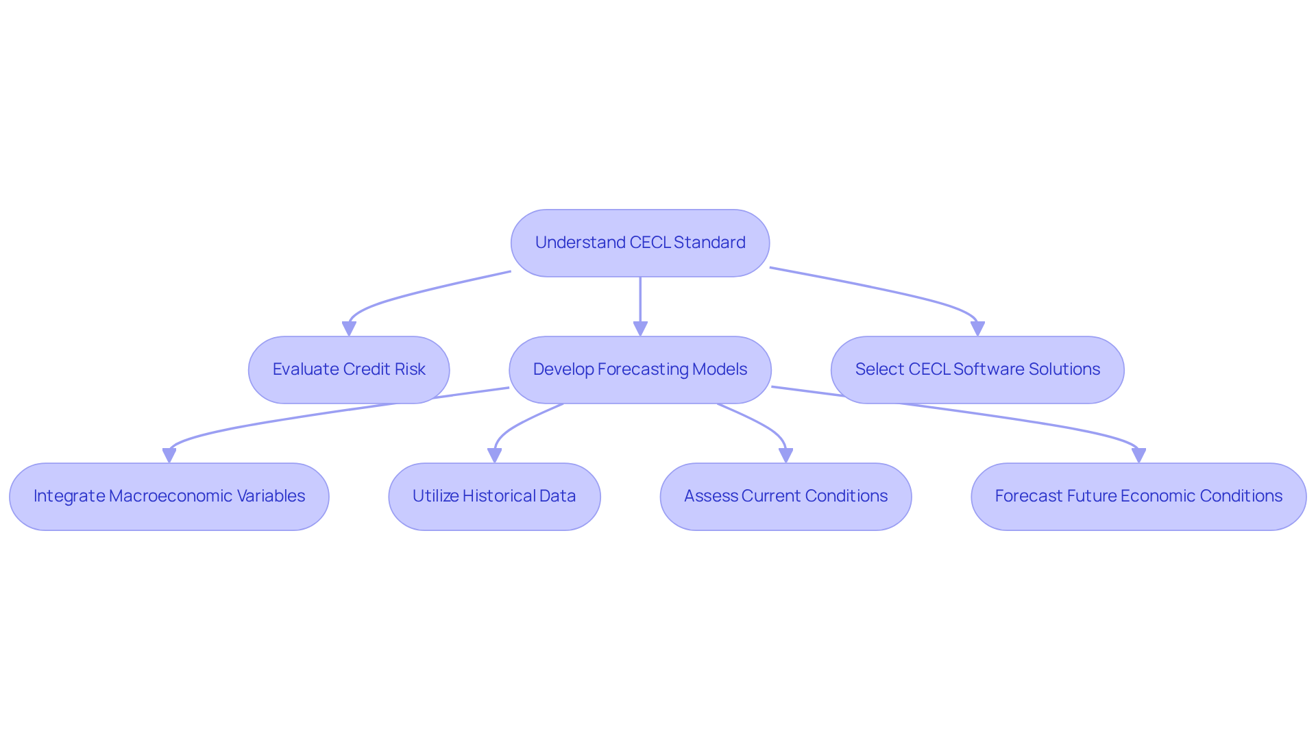 Follow the arrows to see the steps financial institutions need to take to comply with the CECL standard. Each box represents a key action or decision in the process.