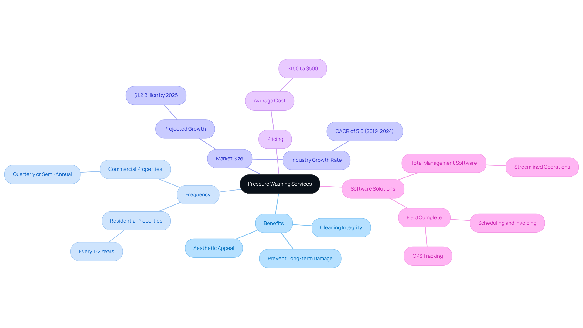 The central node represents the main topic. Each branch shows a key aspect of pressure washing services. The sub-branches detail specific points, helping you understand how these elements connect and contribute to the overall service landscape.