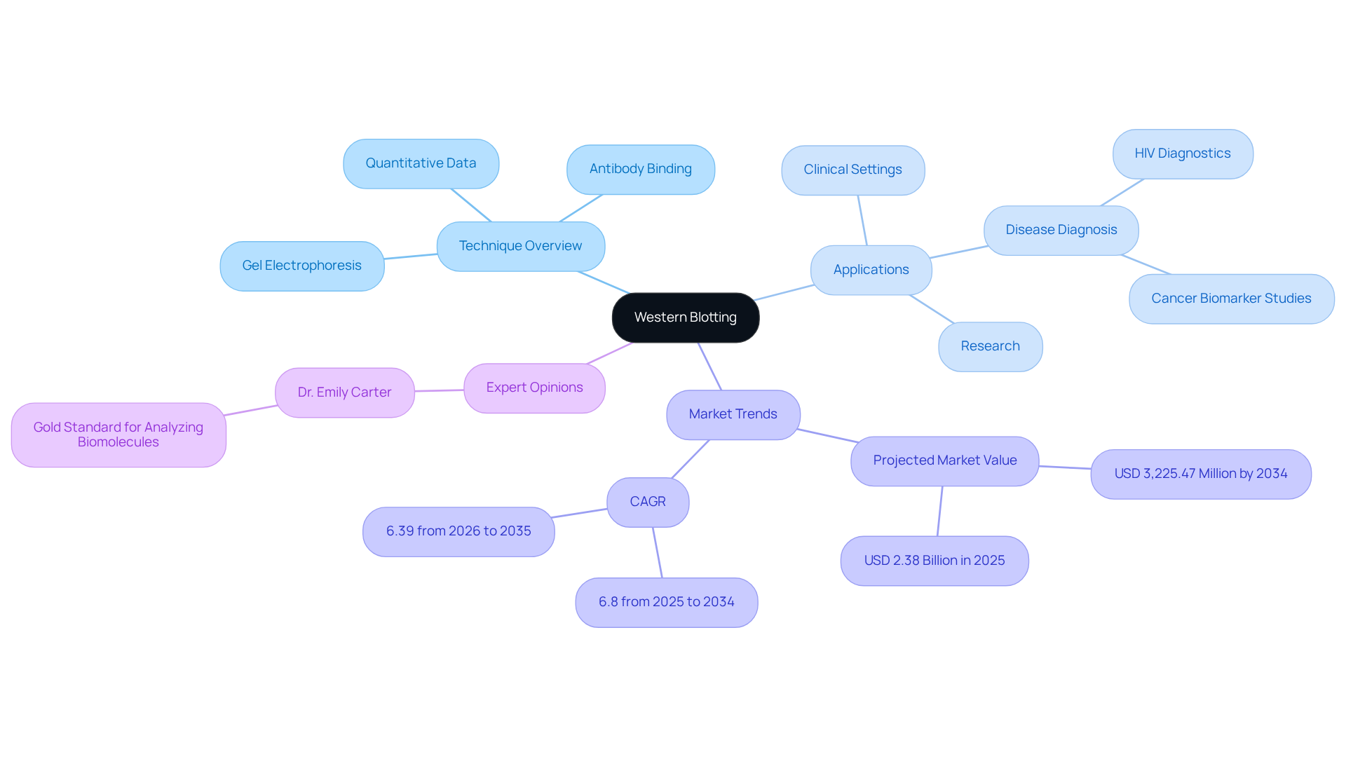 This mindmap shows the key aspects of Western blotting. Start at the center with the technique, then explore its applications, market trends, and expert insights. Each branch represents a different area of focus, helping you understand the broader context of this important technique.
