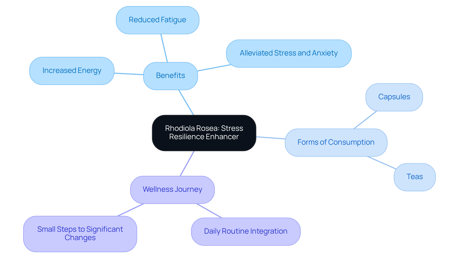 The center represents Rhodiola Rosea, while the branches illustrate its benefits and how you can take it. Each branch shows a different aspect of how this herb can help you manage stress and improve your overall wellness.
