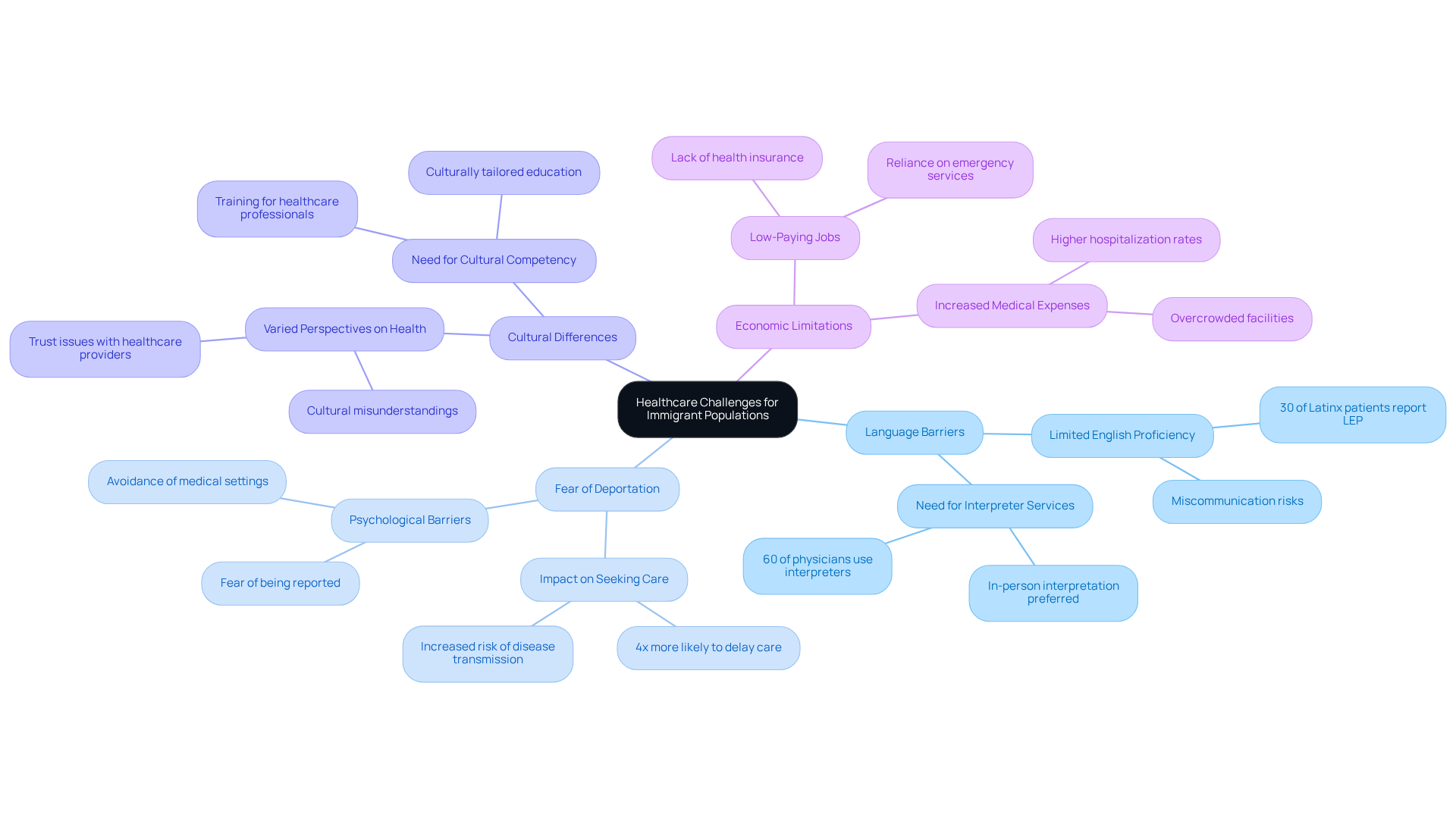 The center shows the main theme, while the branches represent specific challenges. Each branch displays important details, making it easier to understand the complex issues affecting immigrant access to healthcare.