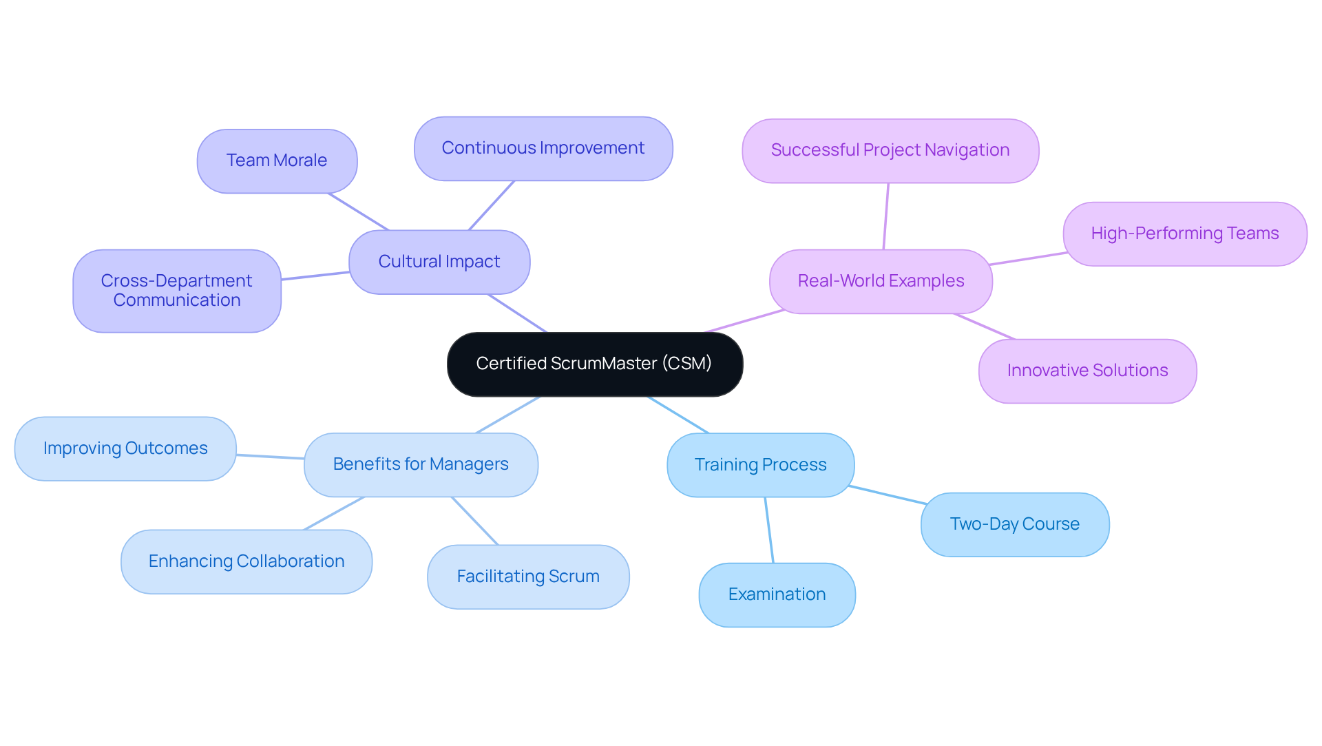 The central node represents the CSM credential, while branches show related topics. Each branch highlights important aspects of the certification, making it easy to see how they connect and contribute to Agile management. The central node represents the CSM credential, while branches show related topics. Each branch highlights important aspects of the certification, making it easy to see how they connect and contribute to Agile management.