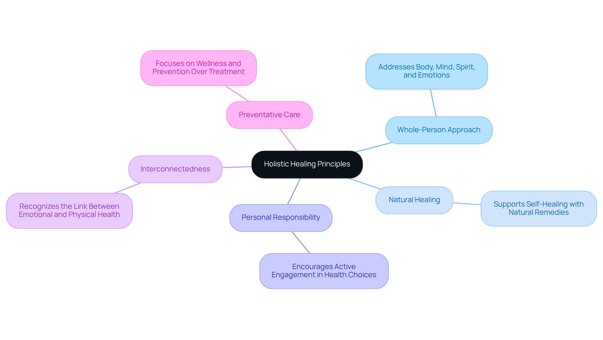 The central node represents holistic healing, and each branch shows a key principle. Follow the branches to explore how each principle contributes to the overall understanding of holistic health. The central node represents holistic healing, and each branch shows a key principle. Follow the branches to explore how each principle contributes to the overall understanding of holistic health.