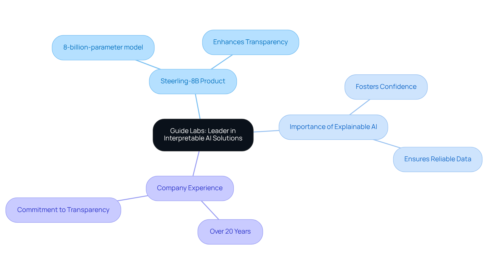 The central node represents Guide Labs, and the branches show key aspects of their work in interpretable AI. Each branch highlights important points, making it easy to understand how they contribute to the field.