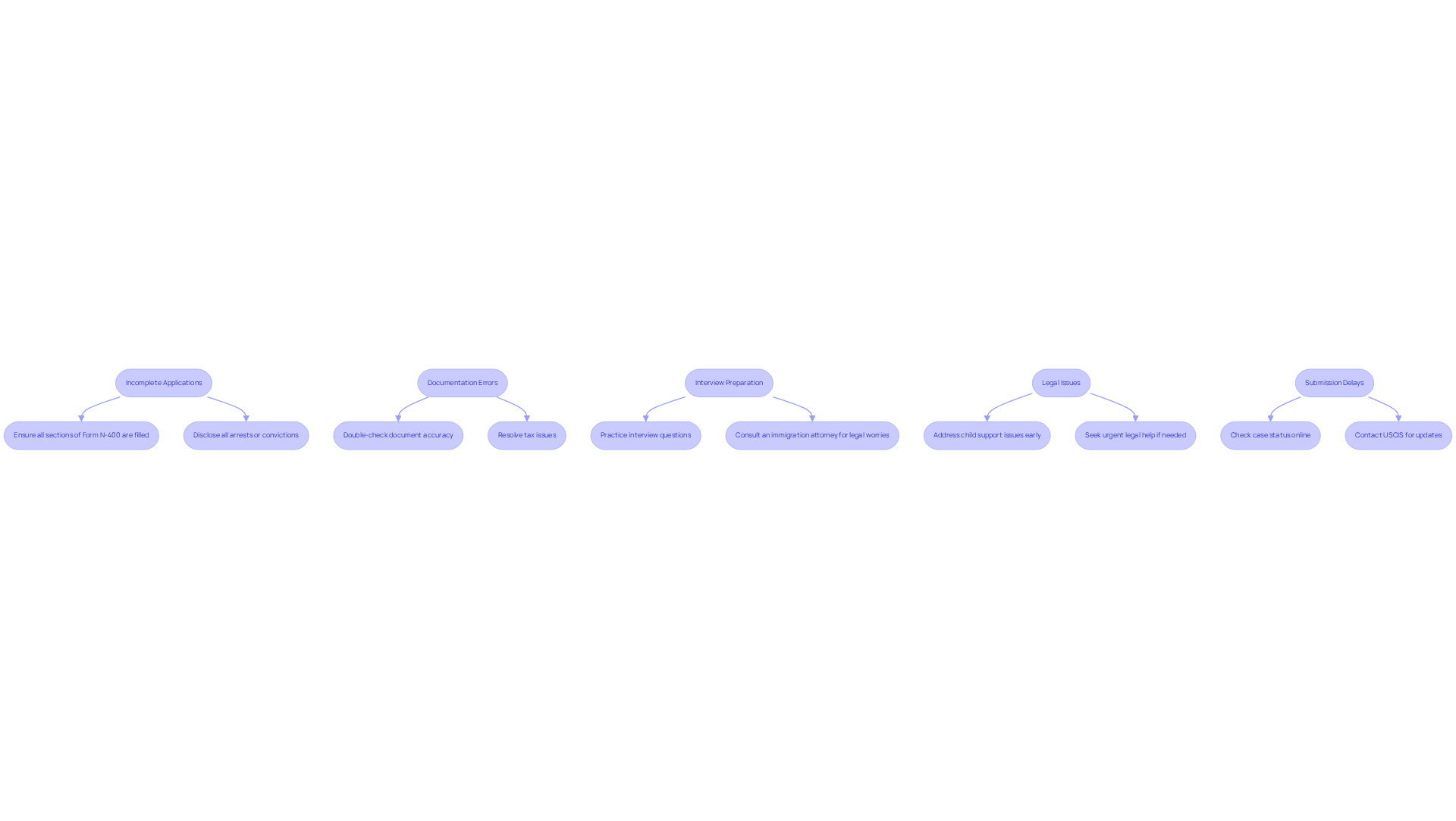 Each box represents a common issue applicants face. Follow the arrows to see the recommended steps to troubleshoot each problem. This flowchart helps you visualize the process and understand what actions to take for a smoother citizenship application.