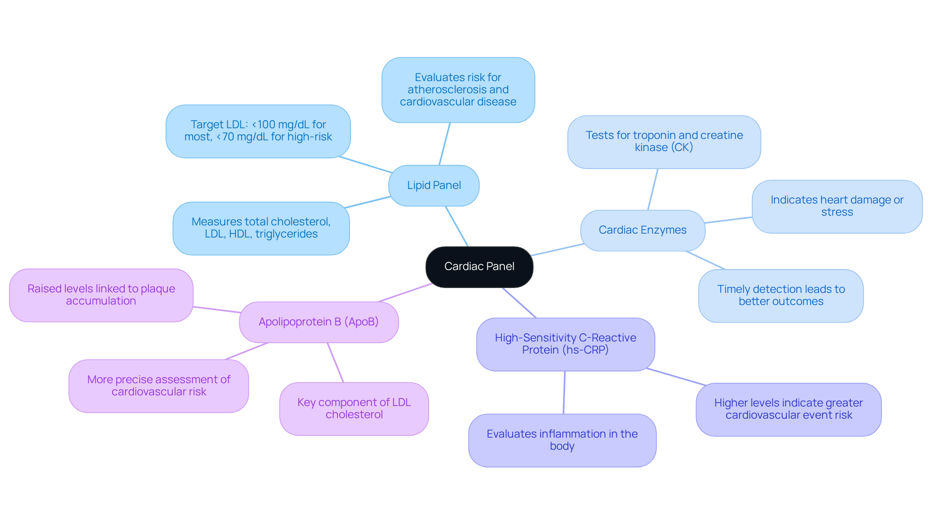This mindmap shows the main components of the cardiac panel. Start at the center with the cardiac panel, then follow the branches to learn about each test and its importance for heart health. Each color represents a different component, making it easy to see how they relate to understanding your heart's health.