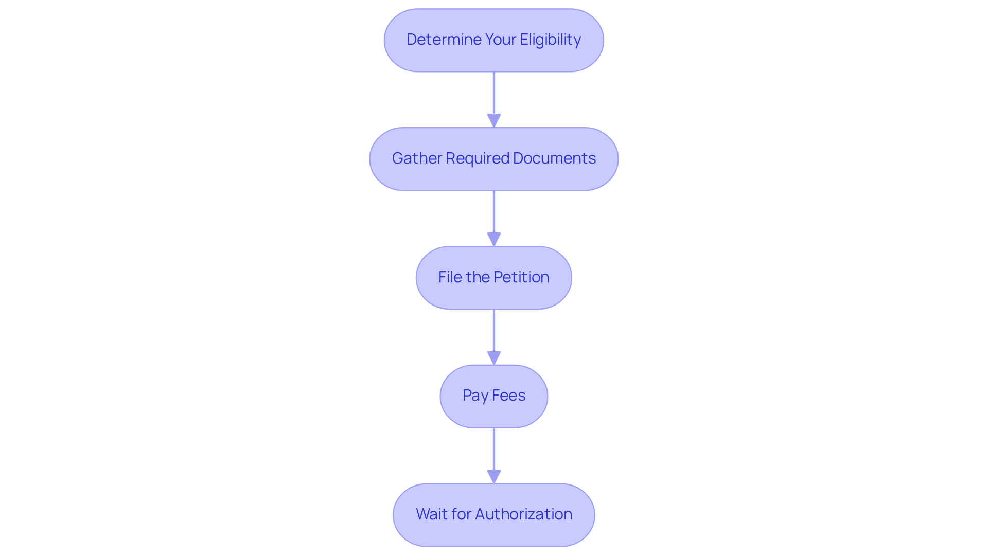 Each box represents a step you need to take in your immigration application journey. Follow the arrows to see the order of actions, starting from determining your eligibility to waiting for authorization.