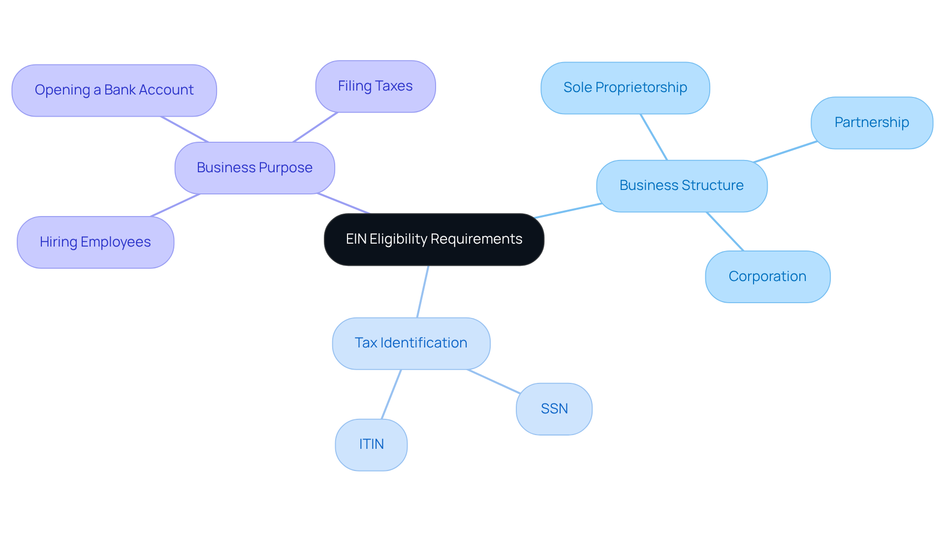 The central node represents the main topic of EIN eligibility. Each branch shows a key requirement, and the sub-branches provide more details about each requirement. This layout helps you see how everything connects.