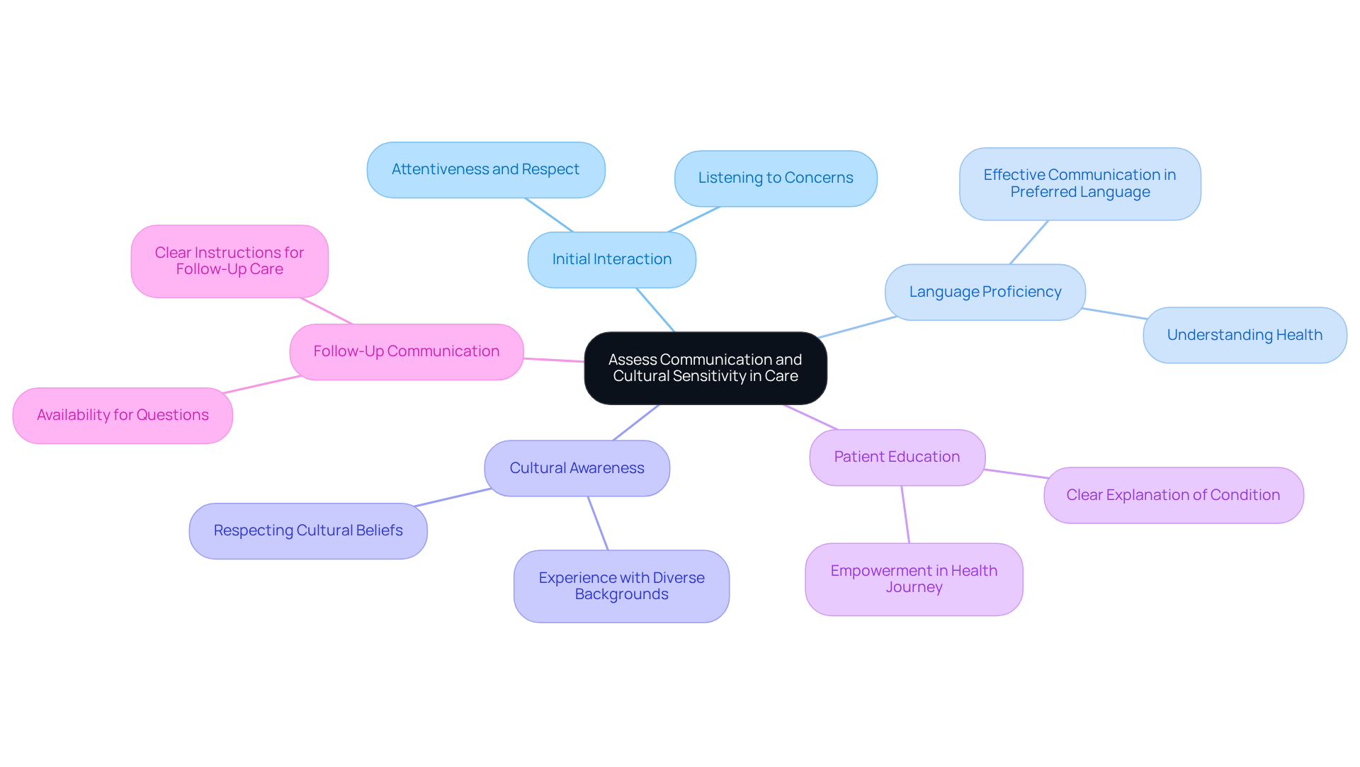 The central node represents the main theme, while each branch highlights a specific area to assess. Follow the branches to explore what to look for in each aspect of care.