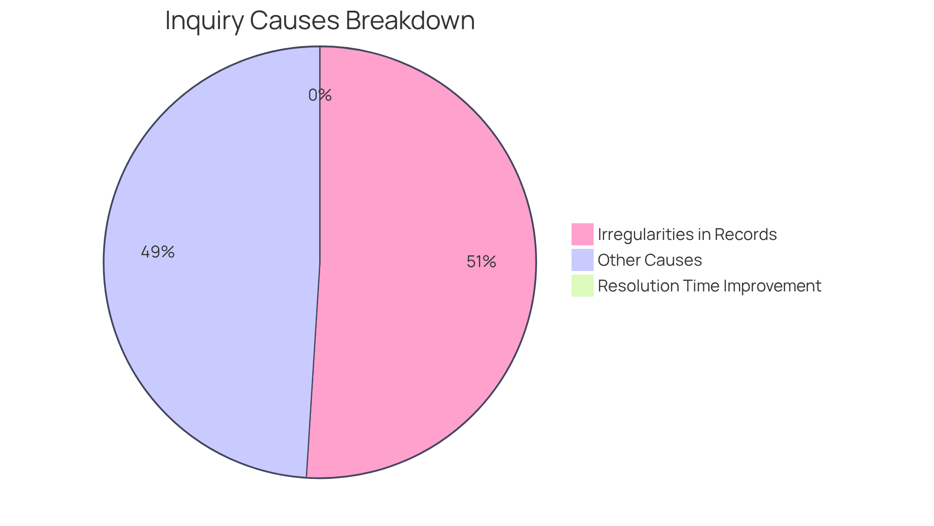 This pie chart shows the breakdown of inquiries in clinical trials. The larger slice represents the 51% of inquiries related to record irregularities, while the smaller slice shows other causes. The orange slice highlights the improvement in query resolution time, illustrating how effective practices can lead to faster resolutions.