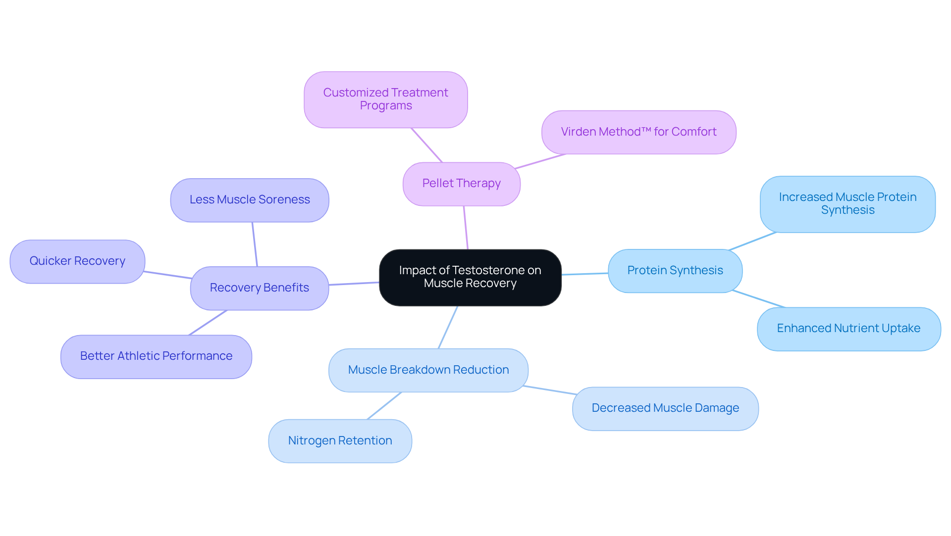 The center node represents the main topic. From this, you'll see branches that show how testosterone affects recovery through various mechanisms and benefits. Each color-coded branch helps you easily identify different aspects, making it easier to understand how they connect.