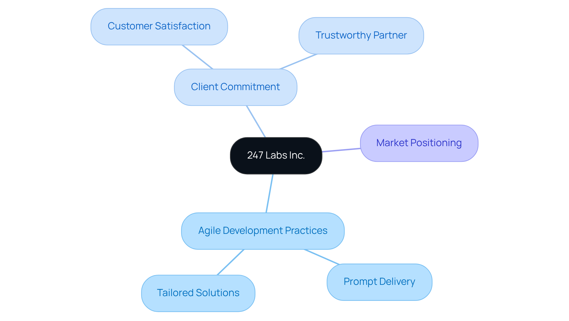 Start at the center with 247 Labs Inc., then explore how their agile practices and commitment to clients branch out into specific strengths and market advantages.