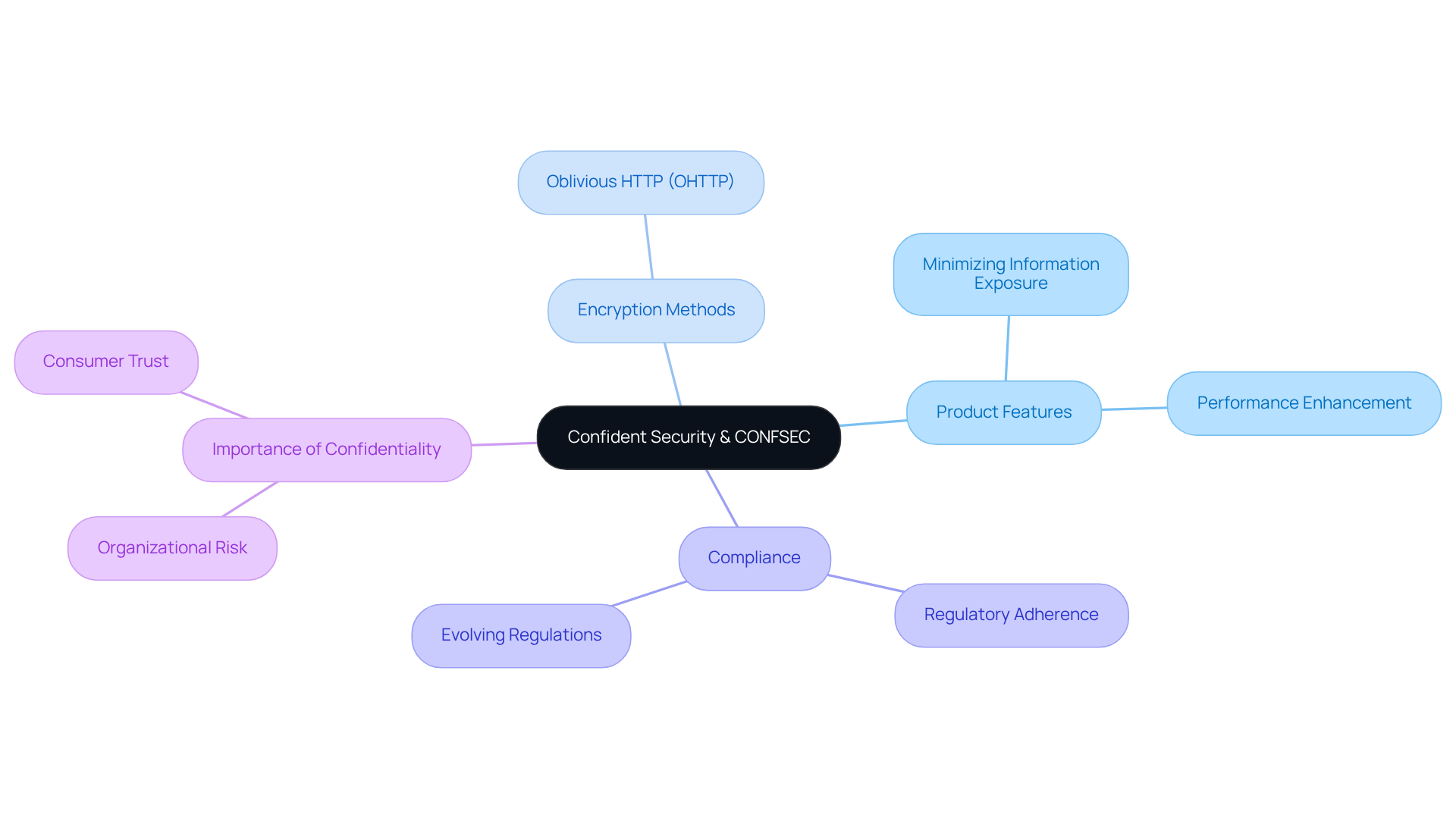 The center represents Confident Security and its product. Each branch shows different aspects of their approach to data protection, helping you understand how they address confidentiality and security.