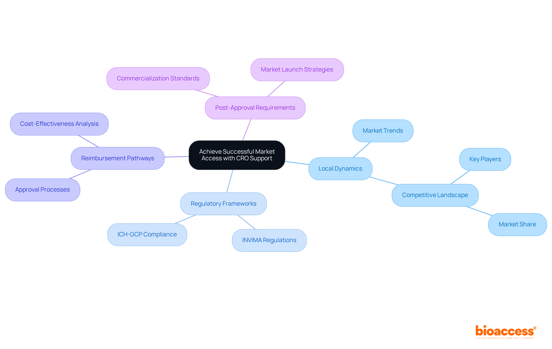 This mindmap illustrates how various elements contribute to successful market access. Start at the center with the main goal, then explore each branch to understand the supporting factors that help navigate the complexities of entering the Colombian market.