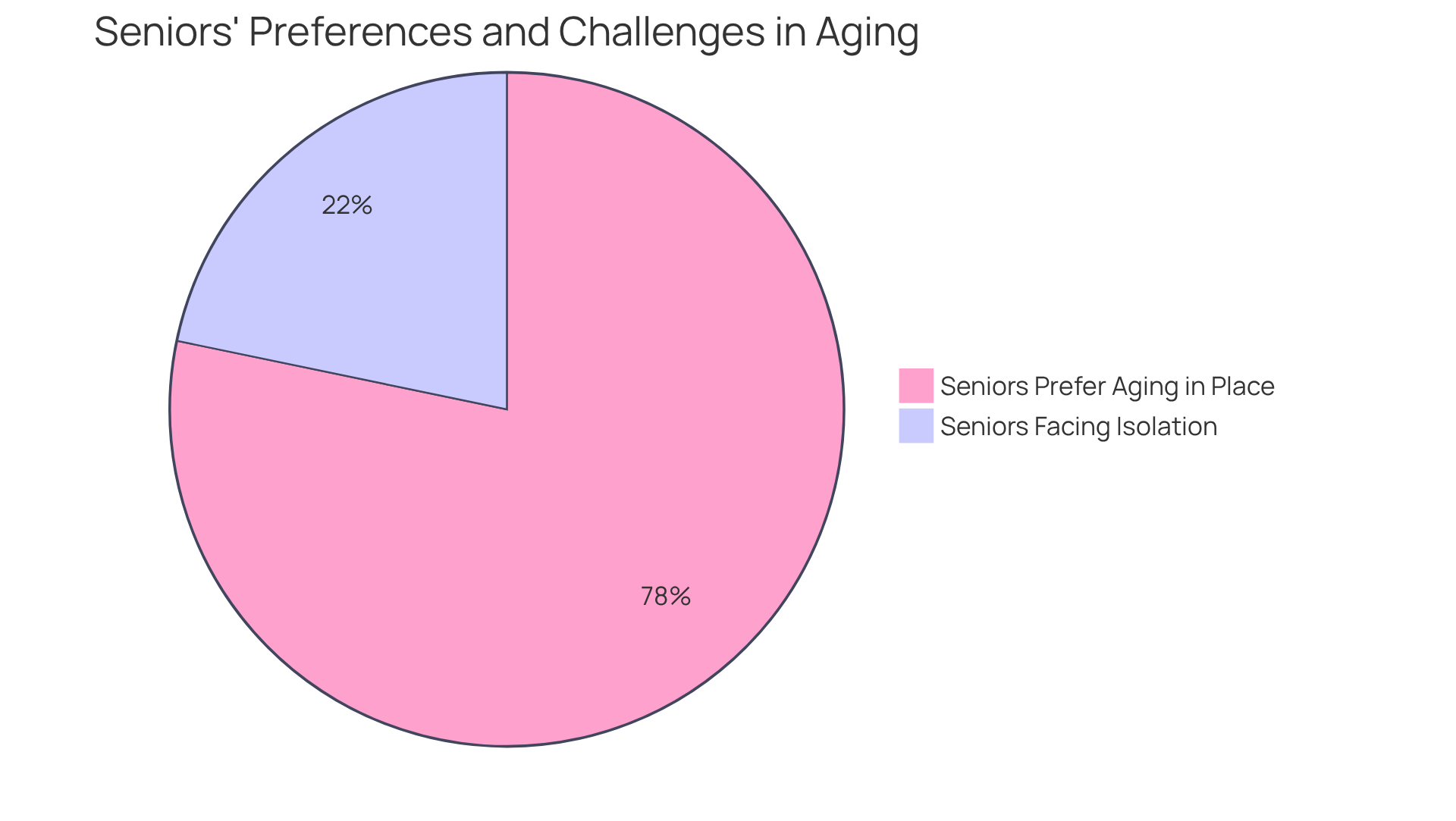The blue slice shows the percentage of seniors who prefer to stay in their homes as they age, while the orange slice indicates those who experience feelings of isolation. The larger the slice, the greater the number of seniors represented.