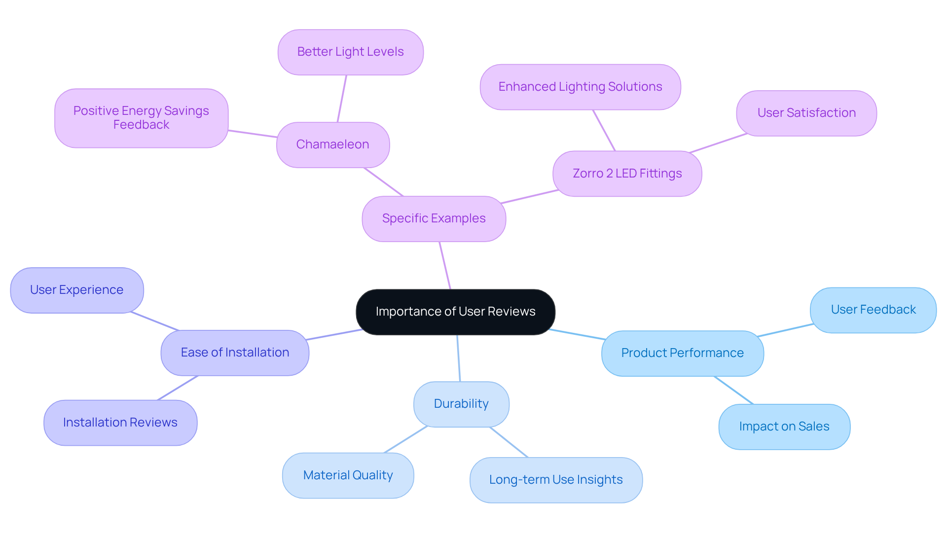 The center represents the main idea of user reviews. Each branch shows a different aspect of how reviews can influence your choices, with examples illustrating real-world feedback.
