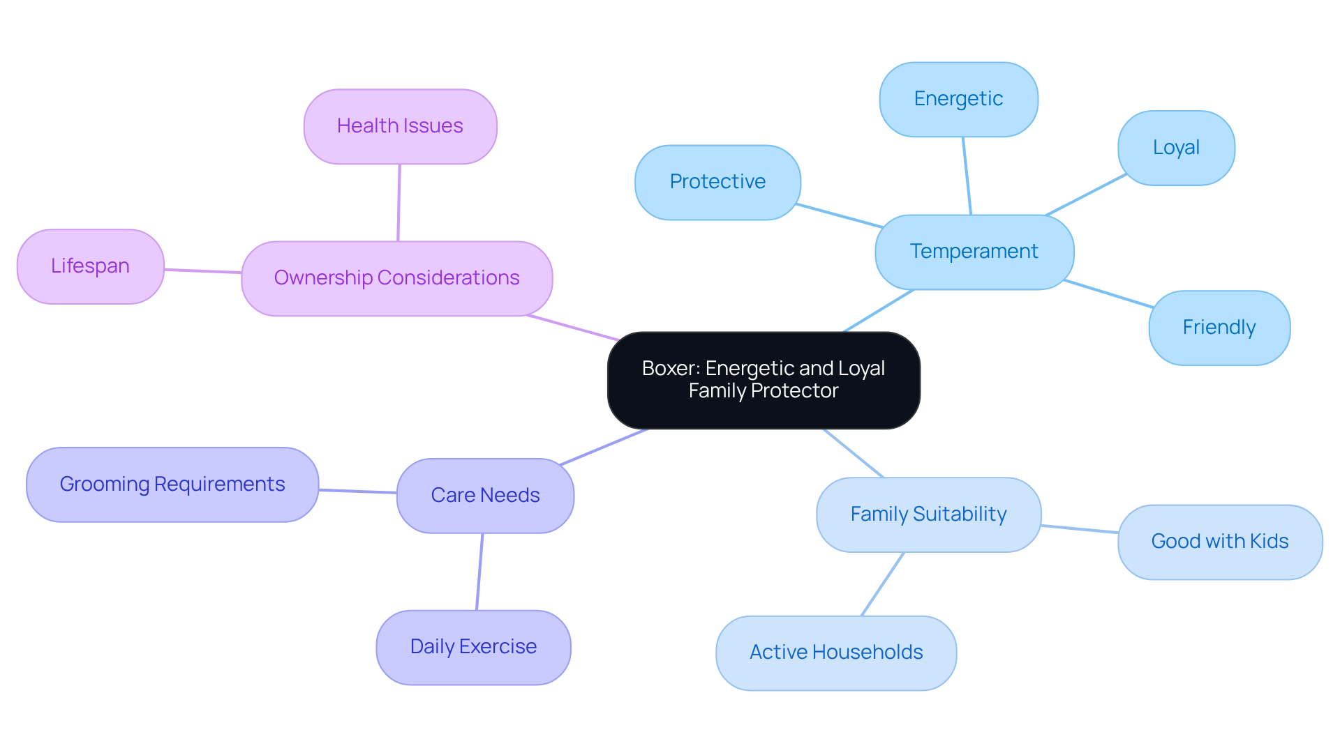 In this mindmap, the center represents the Boxer breed, while the branches highlight their key traits and needs. Each category helps you understand what makes Boxers great family dogs and what to consider if you're thinking of adopting one.