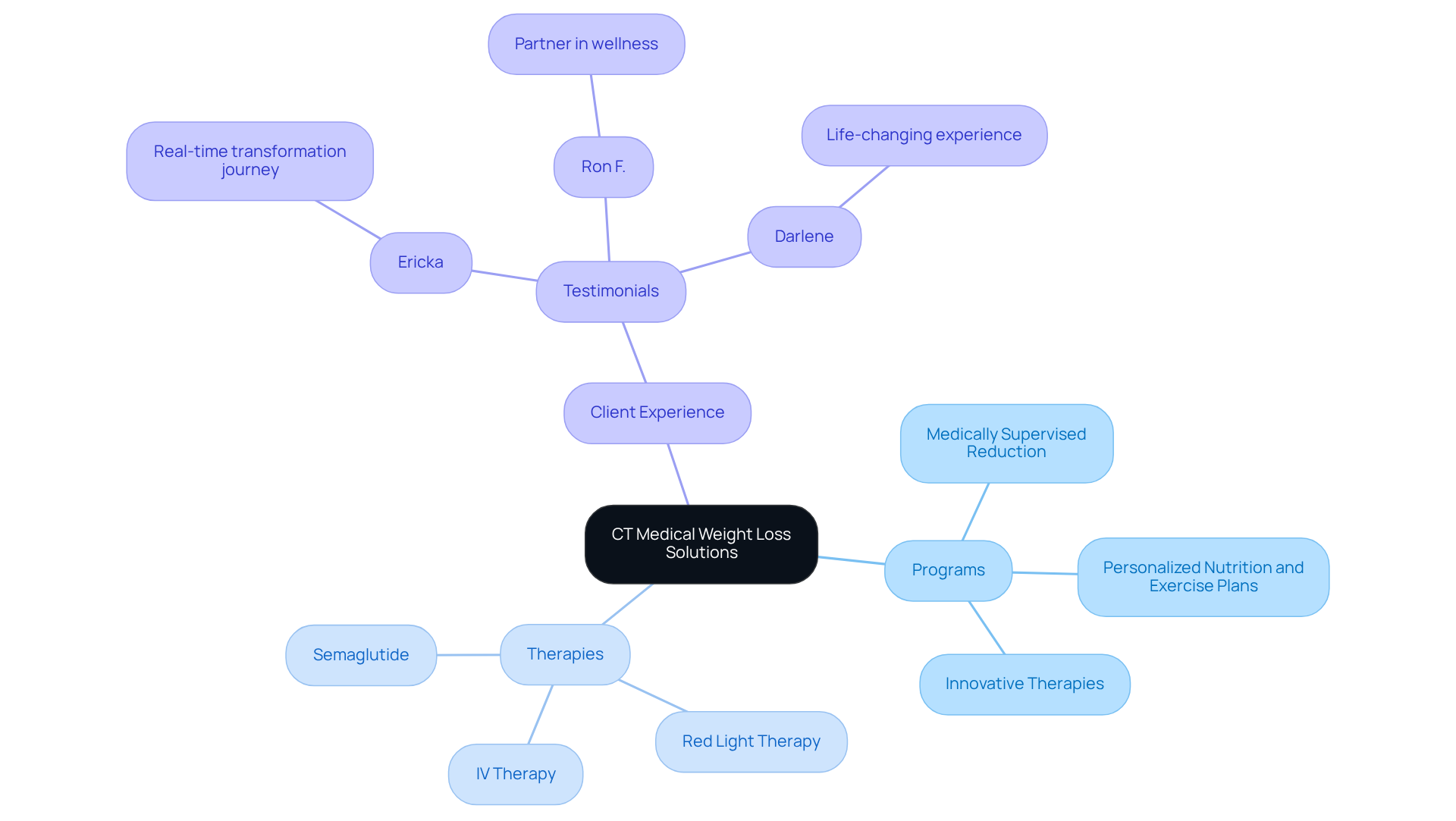 This mindmap illustrates the comprehensive weight loss solutions offered. Start at the center with the main theme, then explore the branches to see the various programs and therapies available, along with client experiences that highlight the supportive community.