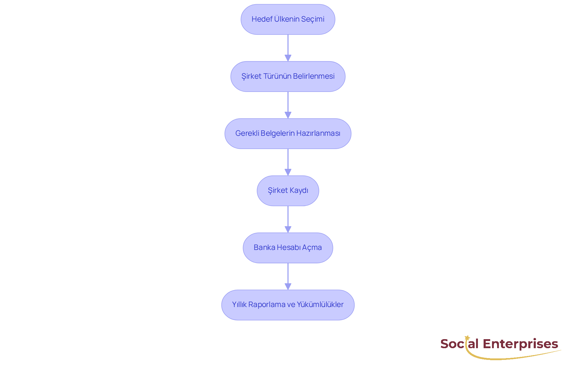 Her kutu, offshore şirket kurma sürecinin bir adımını temsil eder. Oklar, adımların nasıl bir sırayla takip edilmesi gerektiğini gösterir.