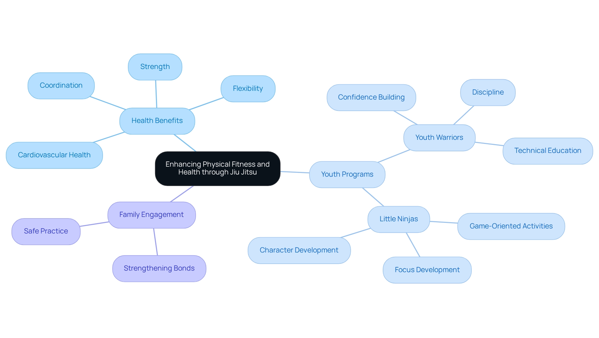 The central node represents the main topic, branches represent key areas such as health benefits, youth programs, and family engagement, with color coding to differentiate sections.
