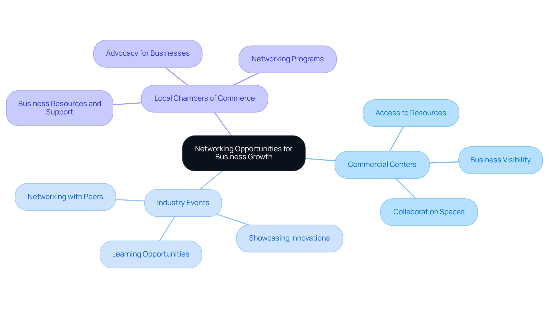Start at the center with the main theme of networking, then explore the branches to see different avenues that can help businesses grow through connections.