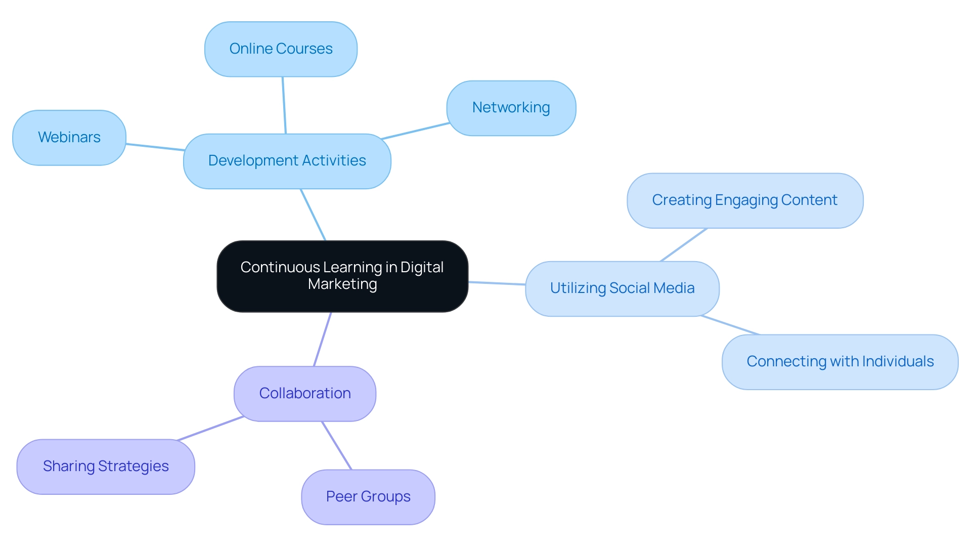 Each branch represents a key area of focus for digital marketing practitioners, and the sub-branches detail specific strategies within those areas.