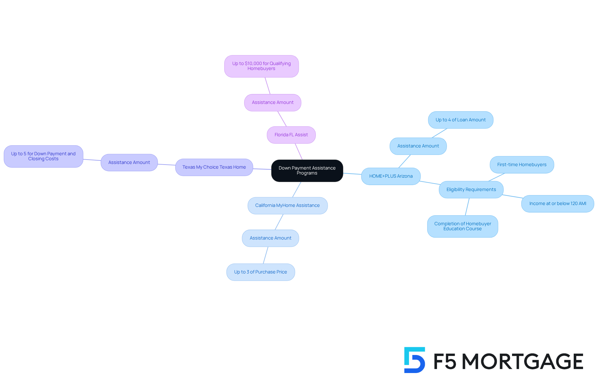 The central node represents the overall topic, with branches showing specific programs available in different states. The percentages indicate how much financial assistance each program offers, helping you understand the various options available for homebuyers.