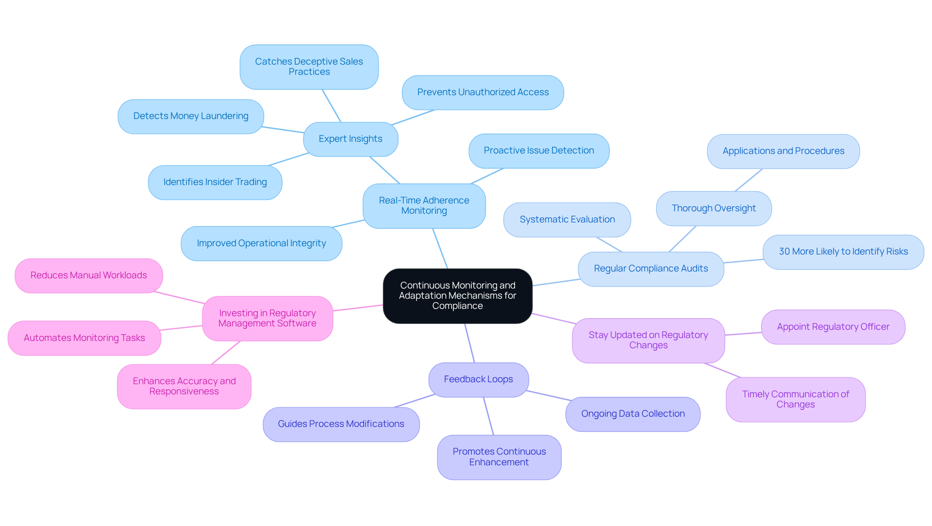 The central node represents the main focus on compliance mechanisms, while each branch highlights a specific strategy. Follow the branches to explore the details and benefits of each approach.