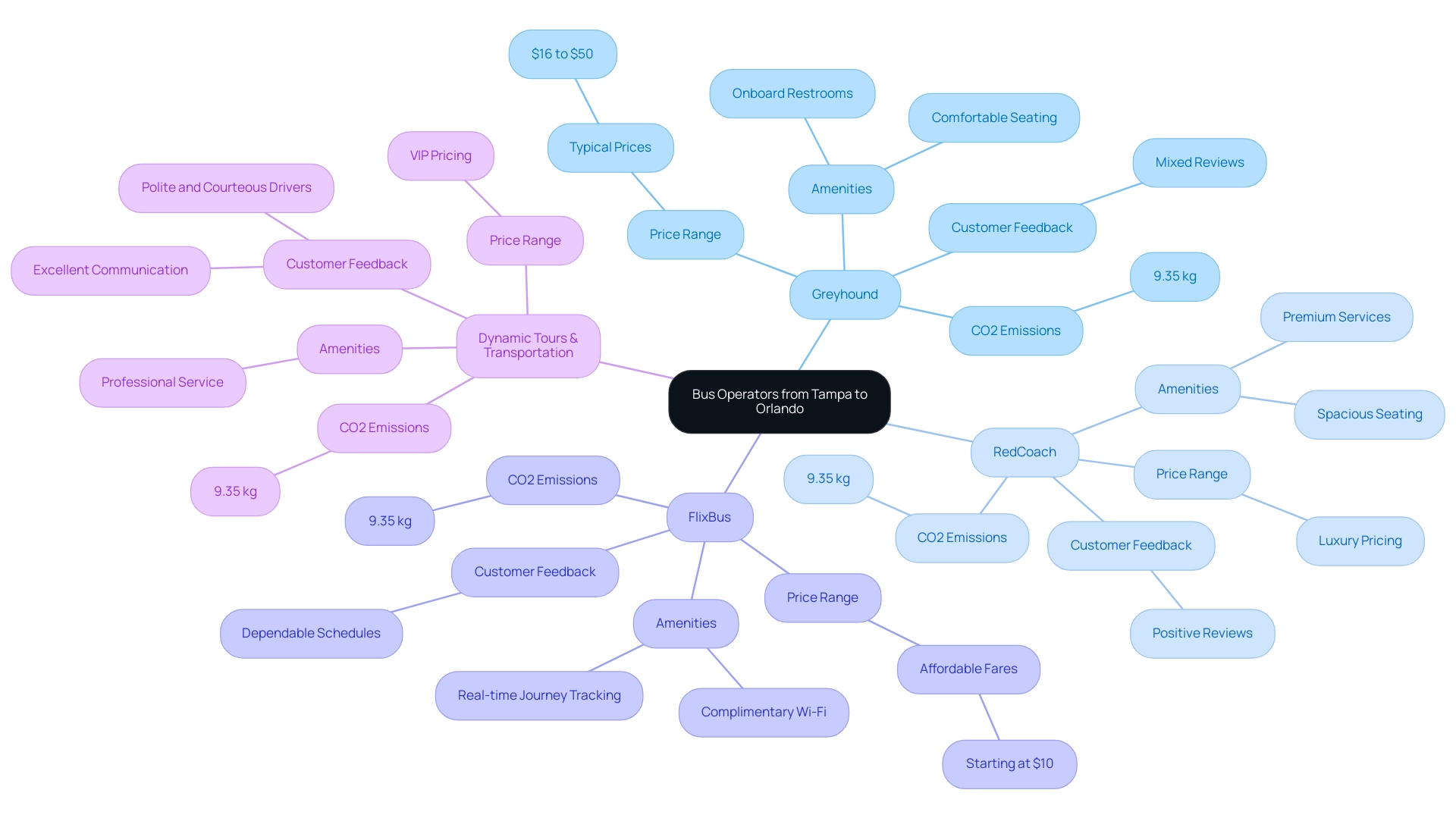 Each branch represents a bus operator, with sub-branches detailing key features such as pricing, CO2 emissions, amenities, and customer feedback.