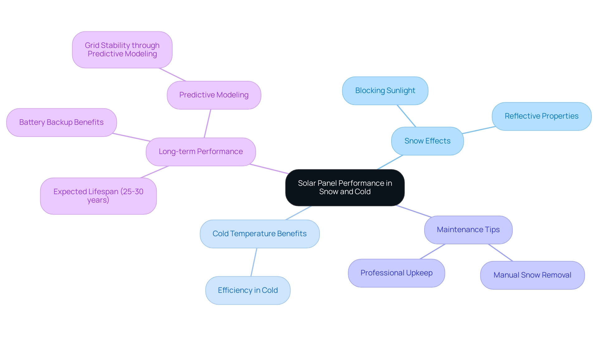 The central node represents the overall topic, with branches showing key areas and their respective detailed points.